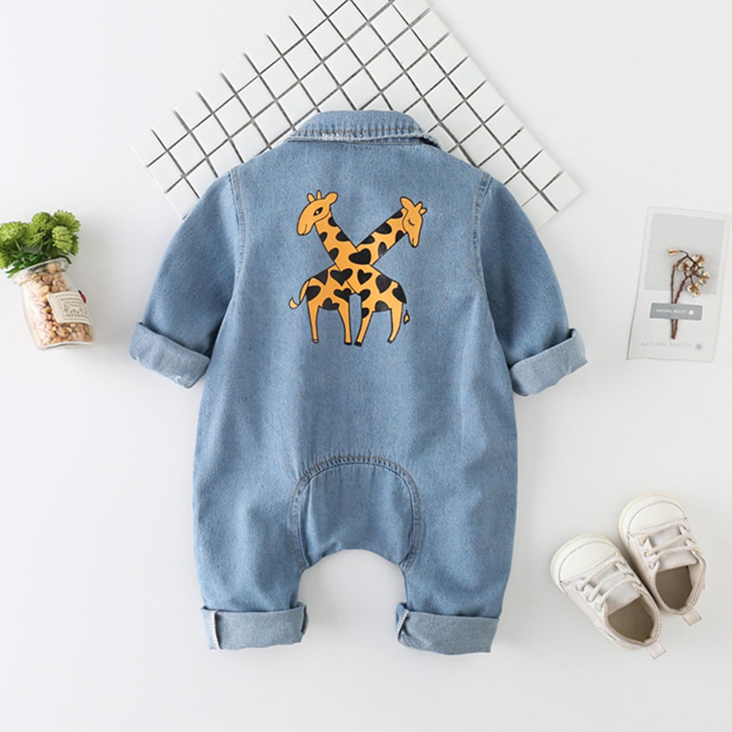 Alunsito Autumn Toddler Baby Boy Romper Long Sleeve Jumpsuit Animal Printed One-Piece Button-Down Denim Bodysuit Giraffe 73 3-6 Months