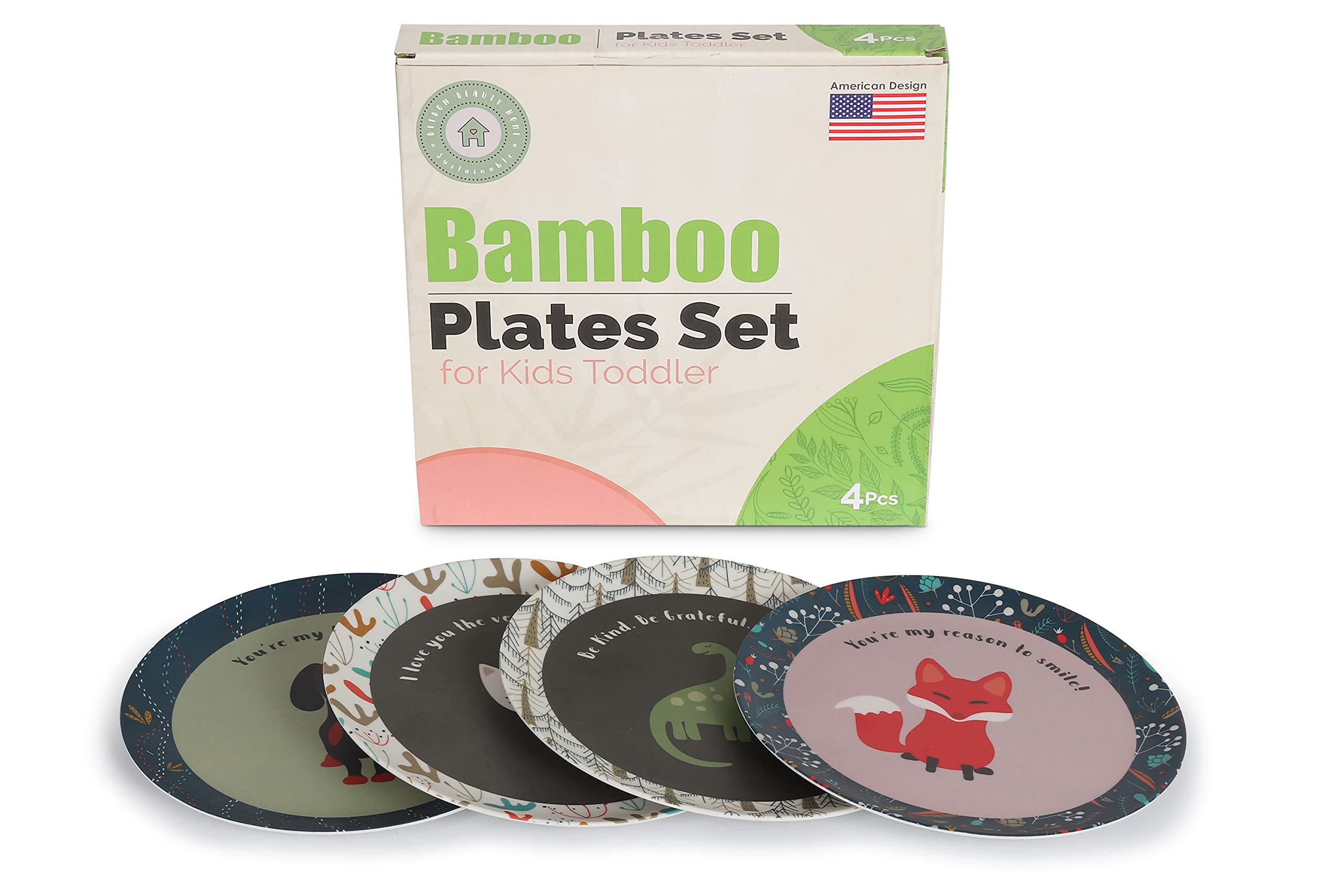 BeeBon Beauty Home Bamboo Plates for Kids - Set of 4 Pack Super Cute Dog, Dinosaur, Fox & Cat