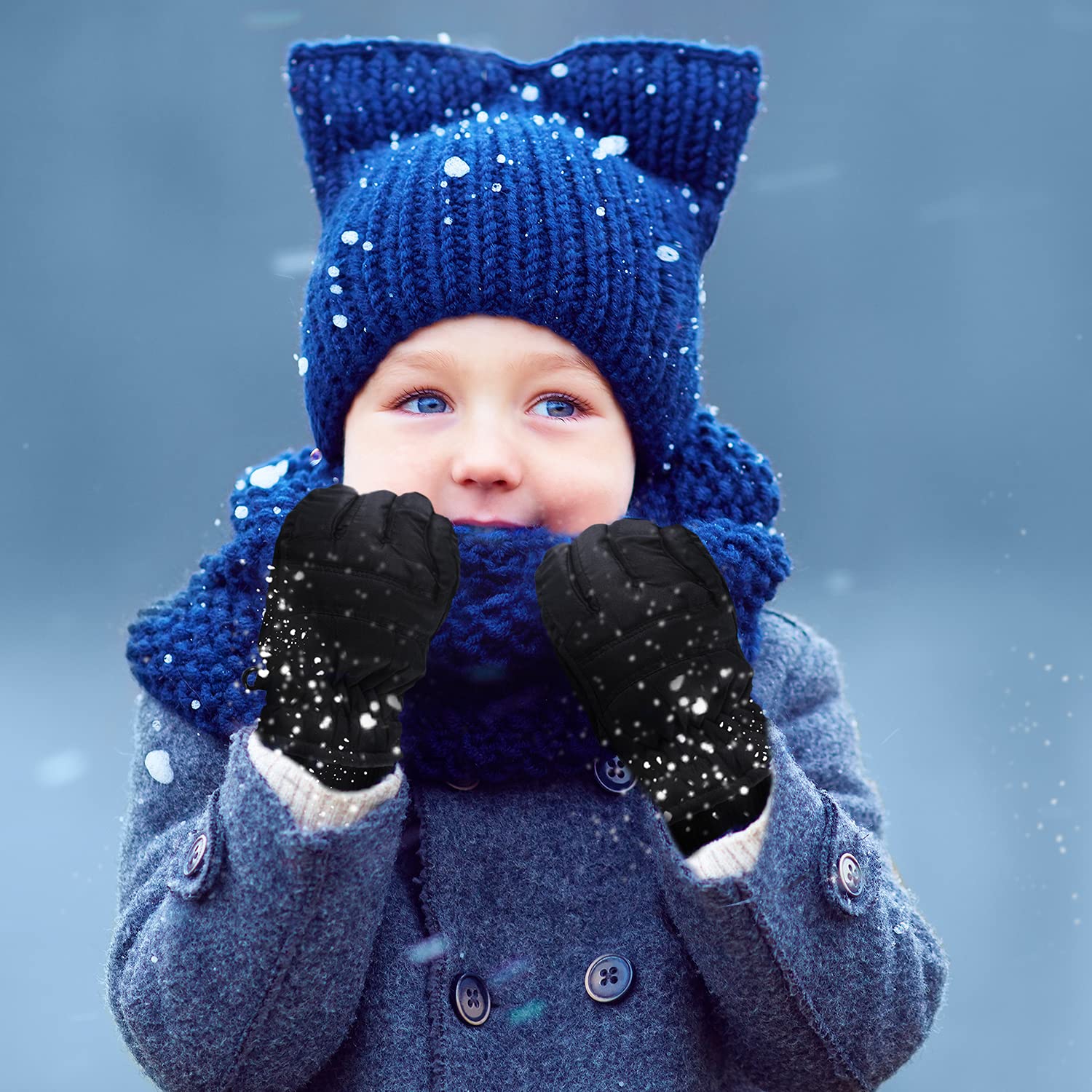 2 Pairs Kids Winter Ski Gloves Waterproof Warm Snow Mittens Full Finger Gloves for Toddlers Infants (Black, Rose Red, 3-6 Years)