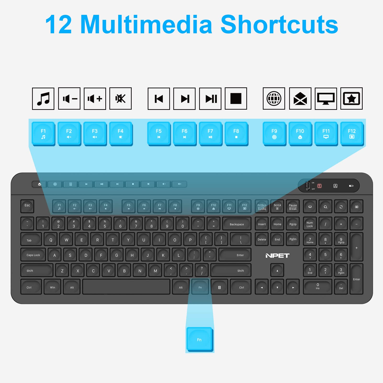 NPET WK20 Wireless Keyboard for Windows, 2.4 GHz Wireless, Full-Size, Number Pad, 14 Multimedia Keys, 2-Year Battery Life, Compatible with PC, Laptop