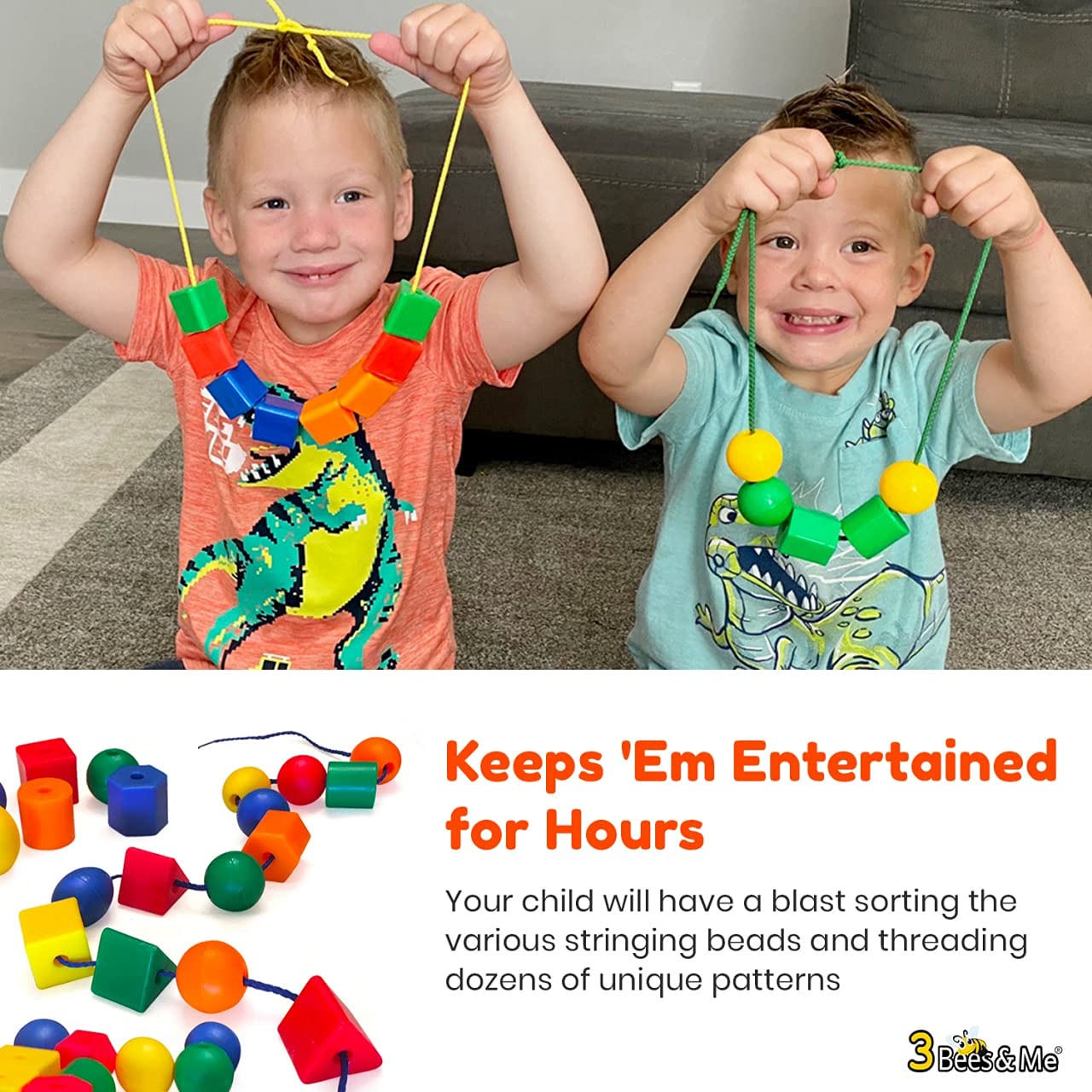 3 Bees & Me Jumbo Lacing Beads - Threading Toys for Toddlers & Kids Ages 3-5 - Fine Motor Preschool Activity with 50 Large Beads & Strings