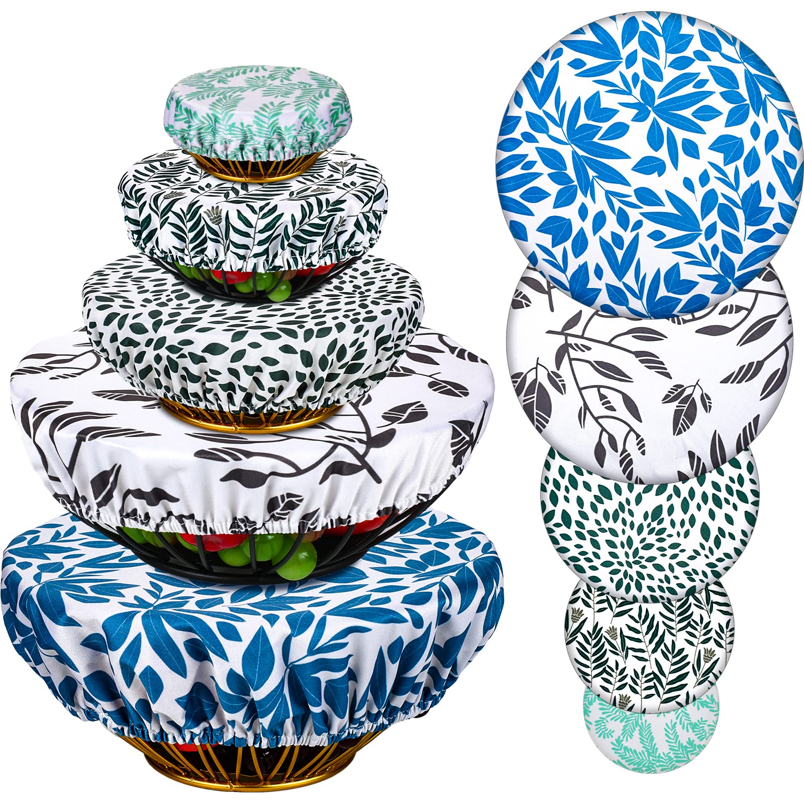 10 Pieces Reusable Bowl Covers Woven Elastic Food Storage Covers Fabric Reusable Food Covers Elastic Bowl Covers Reusable Cloth Bowl Covers for Kitchen Bowls Storage Container, 4 to 12 Inch (Leaves)