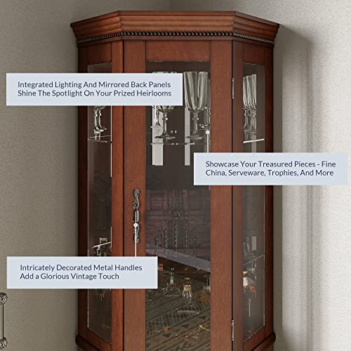 BELLEZE Lighted Wooden Corner Display Curio Cabinet, Two Section Shelving Unit with Tempered Glass Door, Bar and Liquor Storage Area with 6 Shelves - Lorona (Walnut)