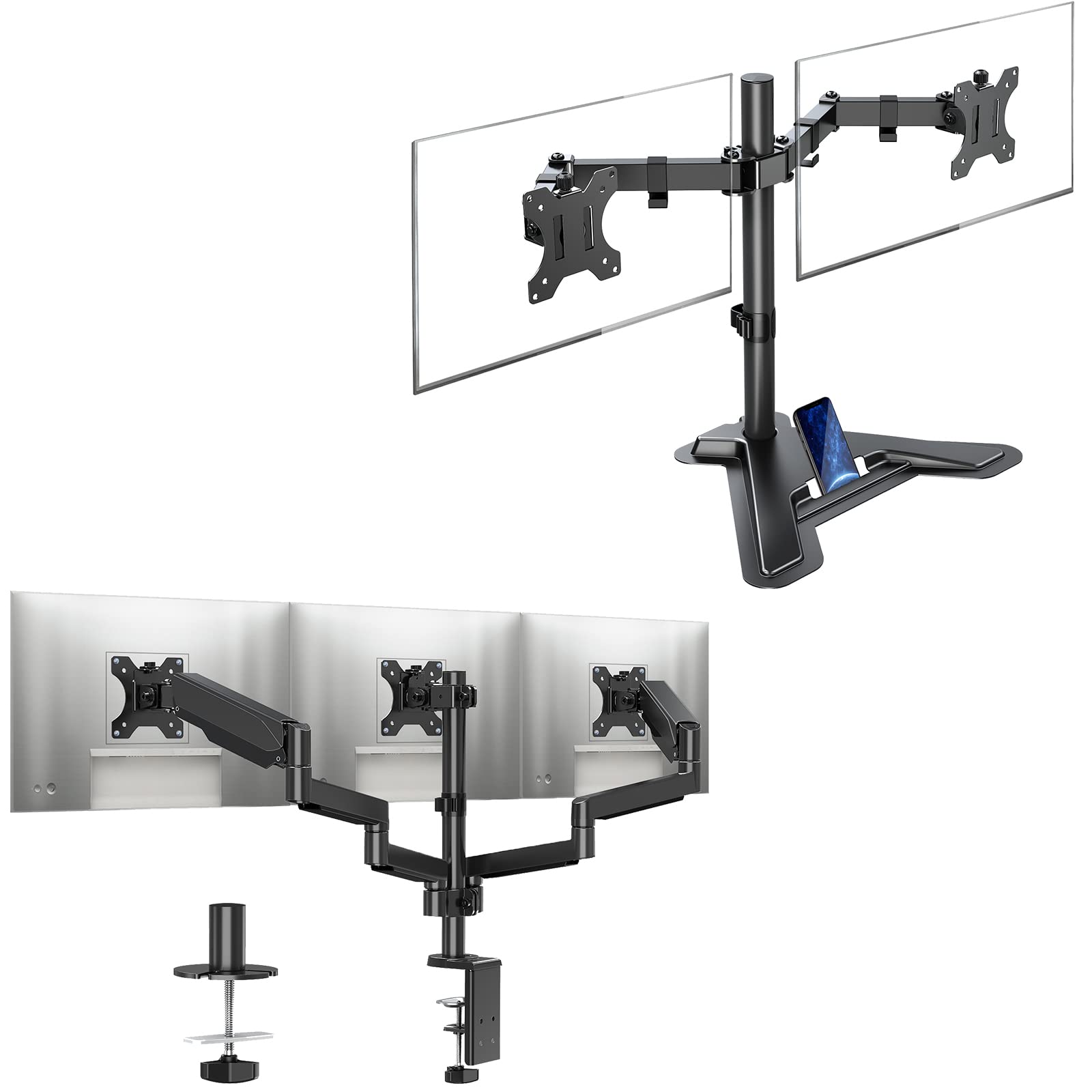 MOUNTUP Triple Monitor Stand Mount& Freestanding Dual Monitor Desk Mount- 3 Monitor Desk Mount for Computer Screens Up to 27 inch, Triple Monitor Arm with Gas Spring, Each Arm Holds Up to 17.6 lbs