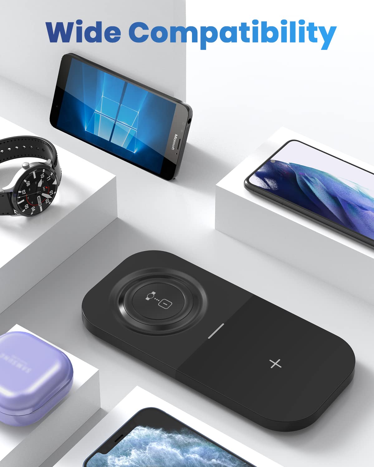 Dual Wireless Charger for Samsung Galaxy Watch and Phone, Duo Charging Pad for Galaxy Watch 4/3,Active 2/1,Gear S4/S3, S21/S20/S10/S9/S8/Note 20/10/9, Charging Station for Galaxy Buds 2/+/Pro/Live