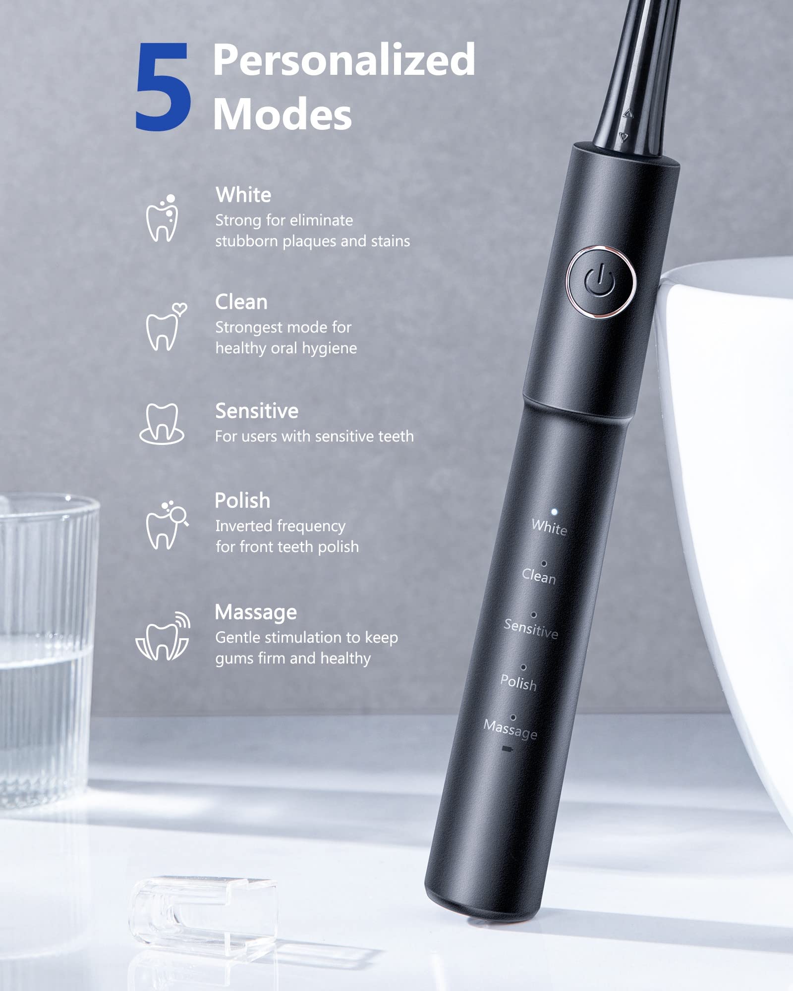 Dnsly Ultrasonic Electric Toothbrush for Adults, Battery Electric Toothbrushes, 8 Sonic Toothbrush Heads, 5 Modes with Smart Timer, 2 Hours Charge for 30 Days Use