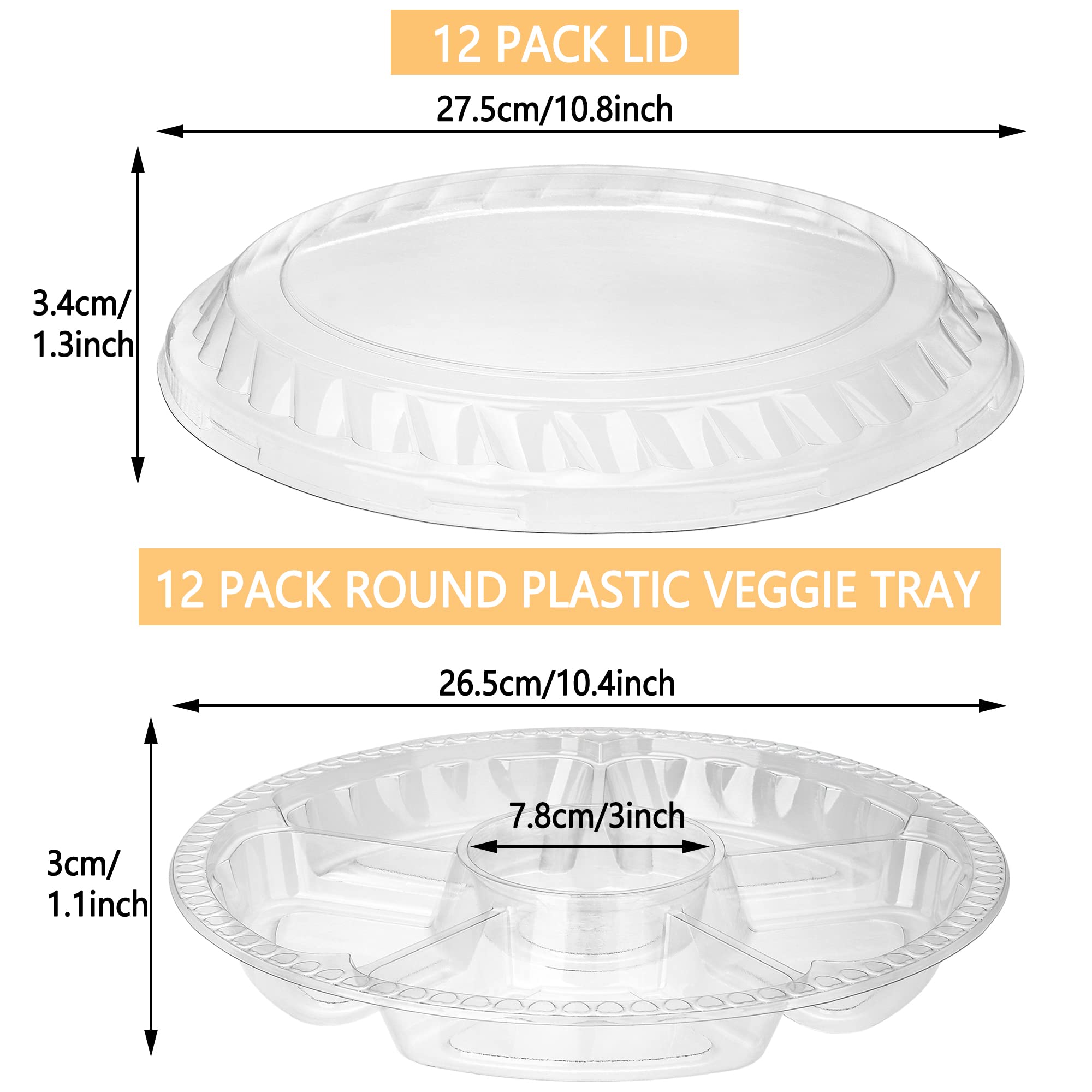 12 Pack Round Plastic Veggie Tray with Lid Fruit Tray 6 Divided Compartment Container Food Serving Dip Platter Reusable Catering Trays for Veggie Fruit Snack Party and Buffet Trays(Clear,10inch)