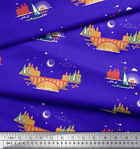 Soimoi Blue Cotton Canvas Fabric Bridge & Yacht Nautical Print Fabric by The Yard 56 Inch Wide