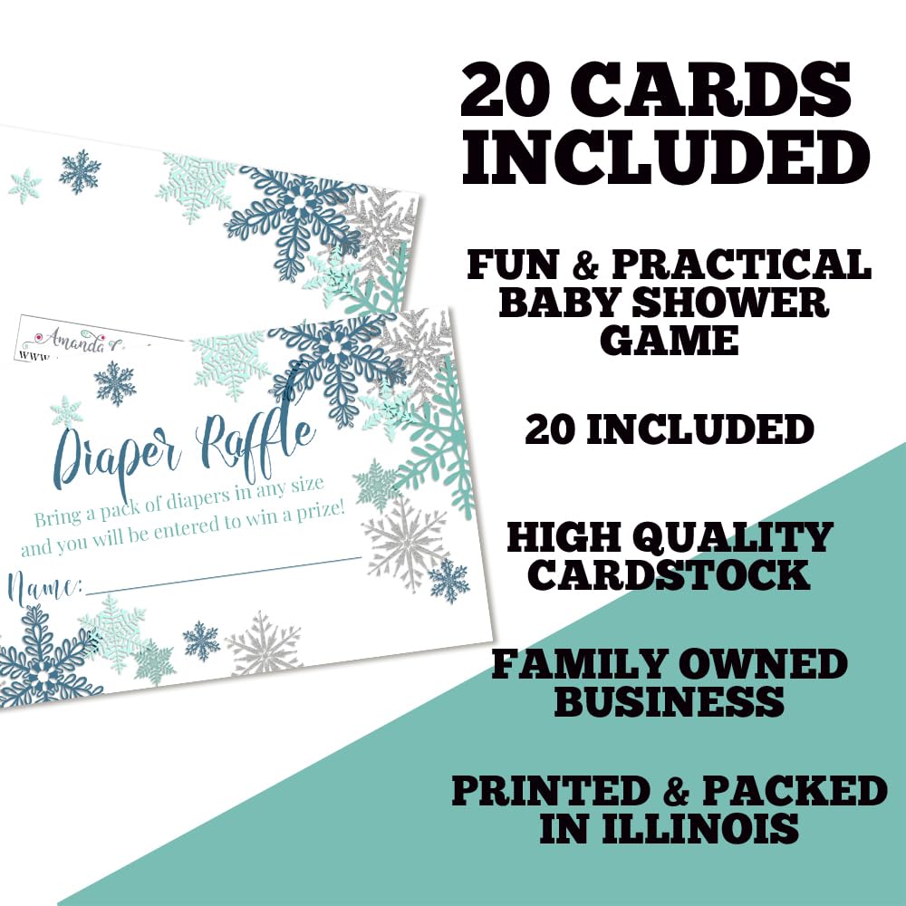 Amanda Creation Blue and Silver Snowflake Diaper Raffle Tickets for Boy Baby Showers, 20 2" X 3β Double Sided Insert Cards for Games, Bring a Pack of Diapers to Win Favors & Prizes!