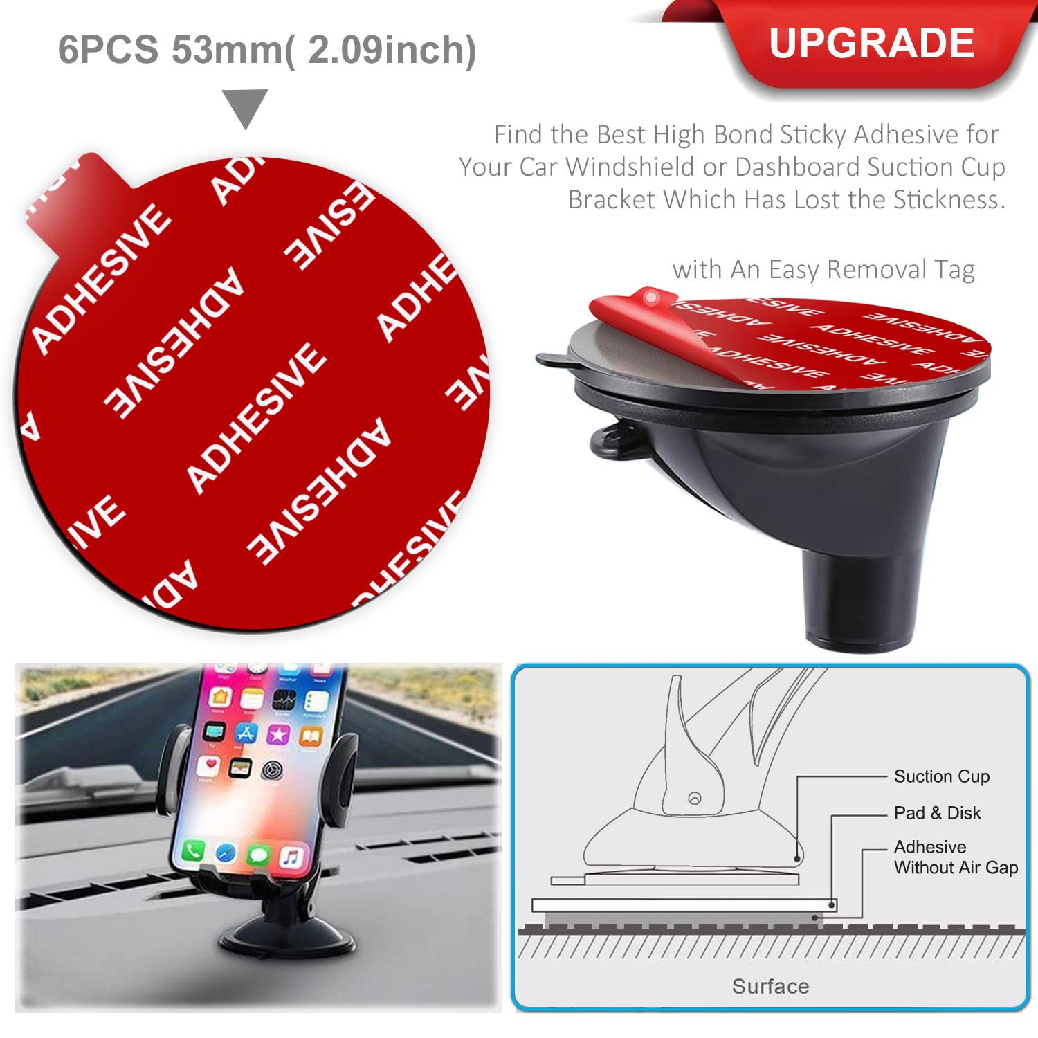6 Pack Adhesives for Suction Cup Mount, AZXYI 53mm(2.09inch) Sticky Adhesive Replacement Kit, Compatible with Car Dashboard Pad Mounting Disk, GPS Dash Cam Suction Cup Mount and Socket Mount