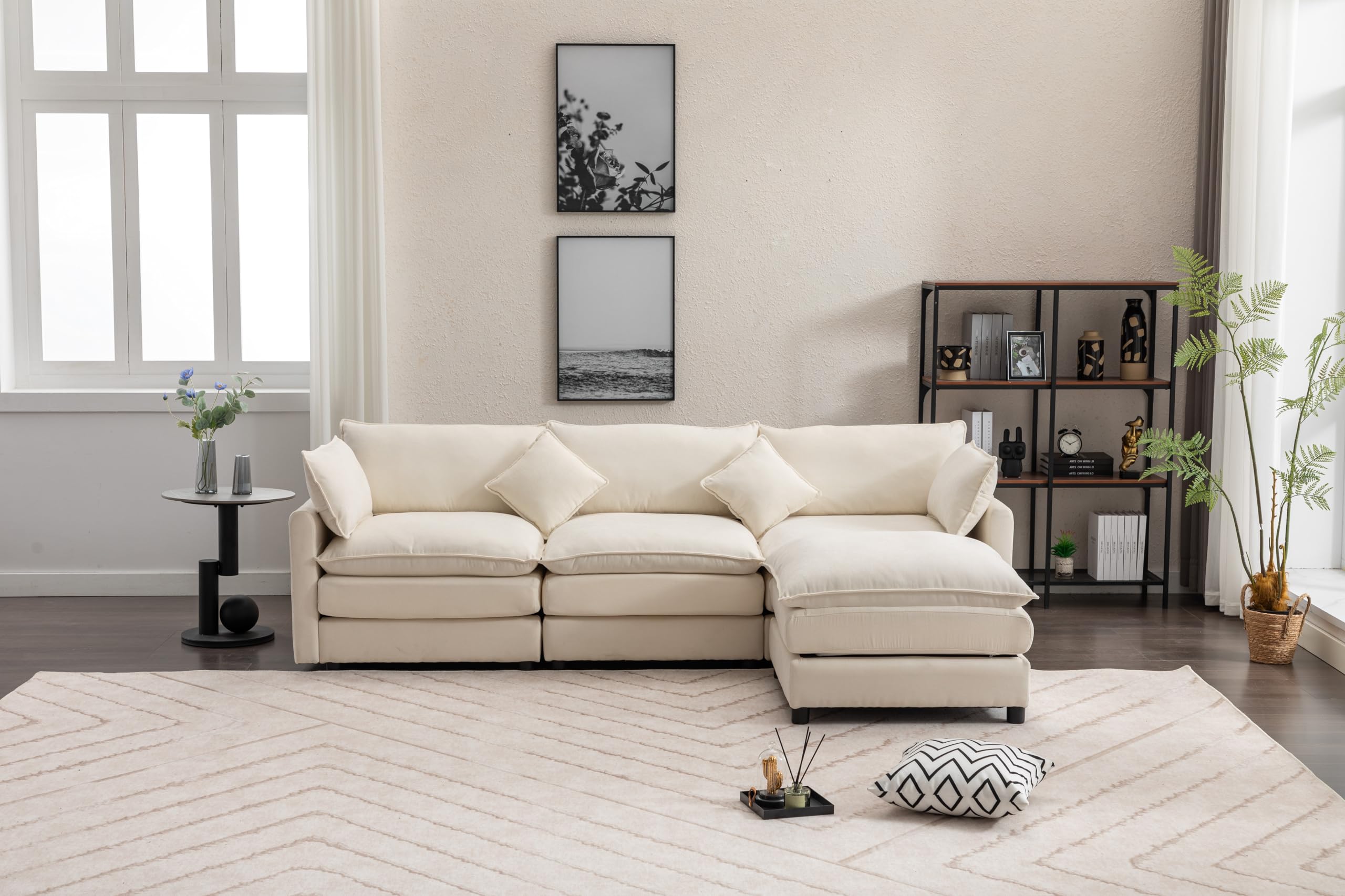100" Modular Sectional Sofa L-Shaped, Modern Modular Sectional Cloud Couch 3-Seater Sofa with Movable Ottoman, Chenille Upholstered Cloud Couches for Living Room (Beige)