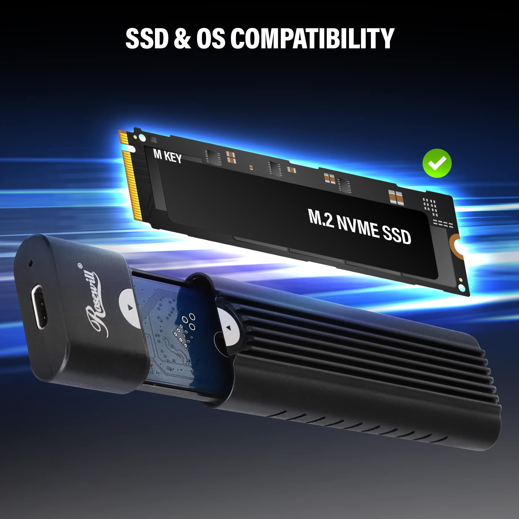 Rosewill USB-C to M.2 NVMe Tool-Free Enclosure Adapter, 10Gbps USB-C 3.1 Gen 2, Thunderbolt 3 Compatible, Supports M.2 NVMe SSDs 2230, includes USB-C and USB 3.0 Cables - RHUB-20001