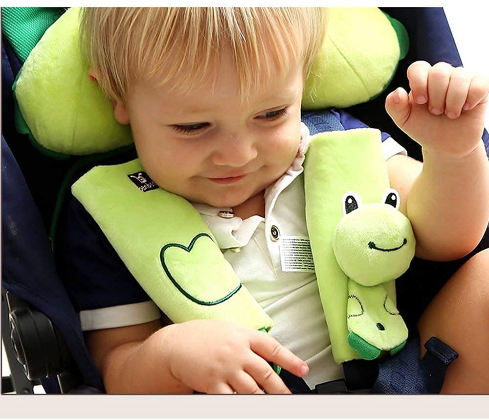 Baby Car Seat Belt Strap Covers -Double Sided Cartoon Animal Soft Infant Seat Belt Shoudler Pads for Baby (Green Frog)