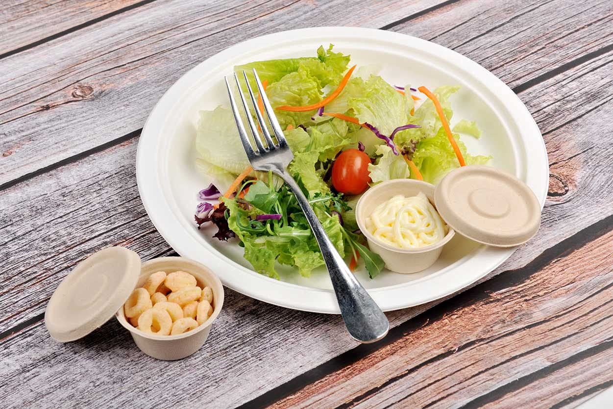 100% Compostable 2oz Sugarcane Containers with Lids,Biodegradable Condiment Jello Shot Cups,Eco Friendly Dipping Sauce and Salad Dressing Container,Disposable Mini Plastic Portion Souffle Cups