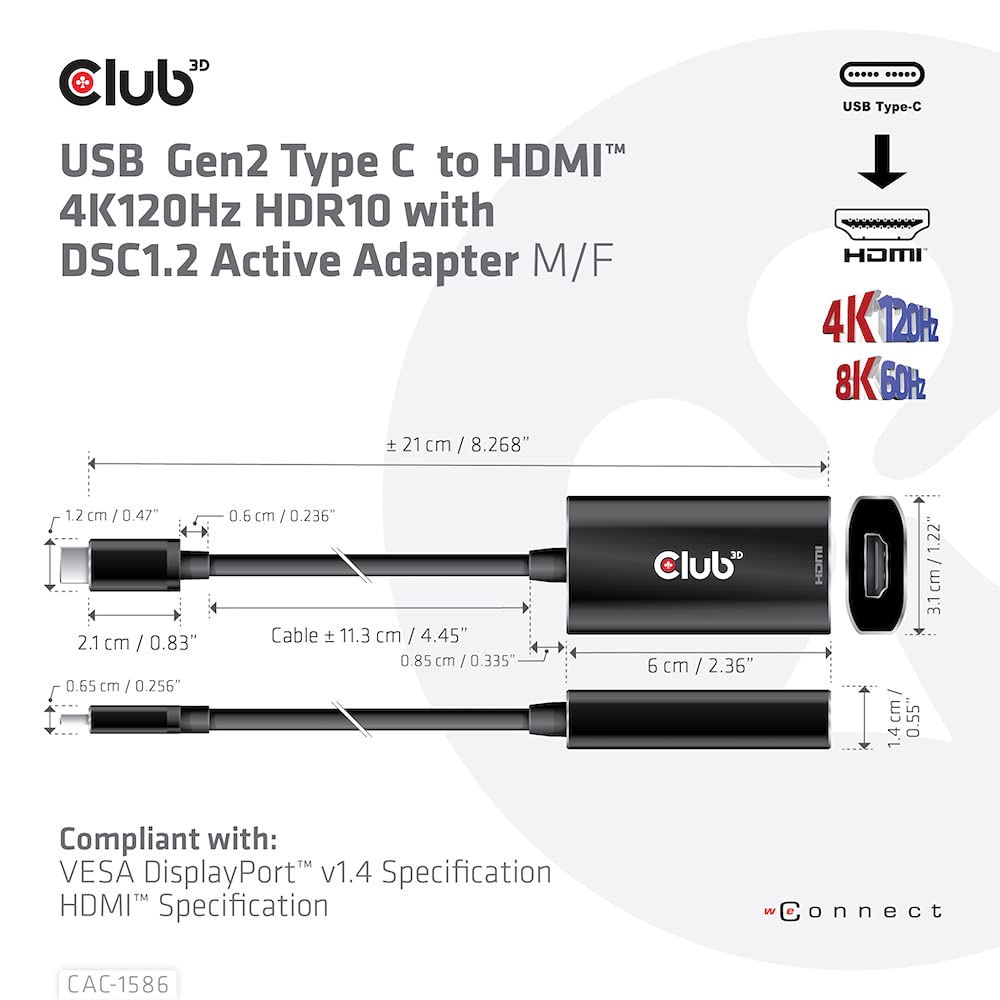 Club 3D USB Type-C to HDMI 4K 120Hz HDR10 with DSC 1.2 Active Adapter M/F CAC-1586