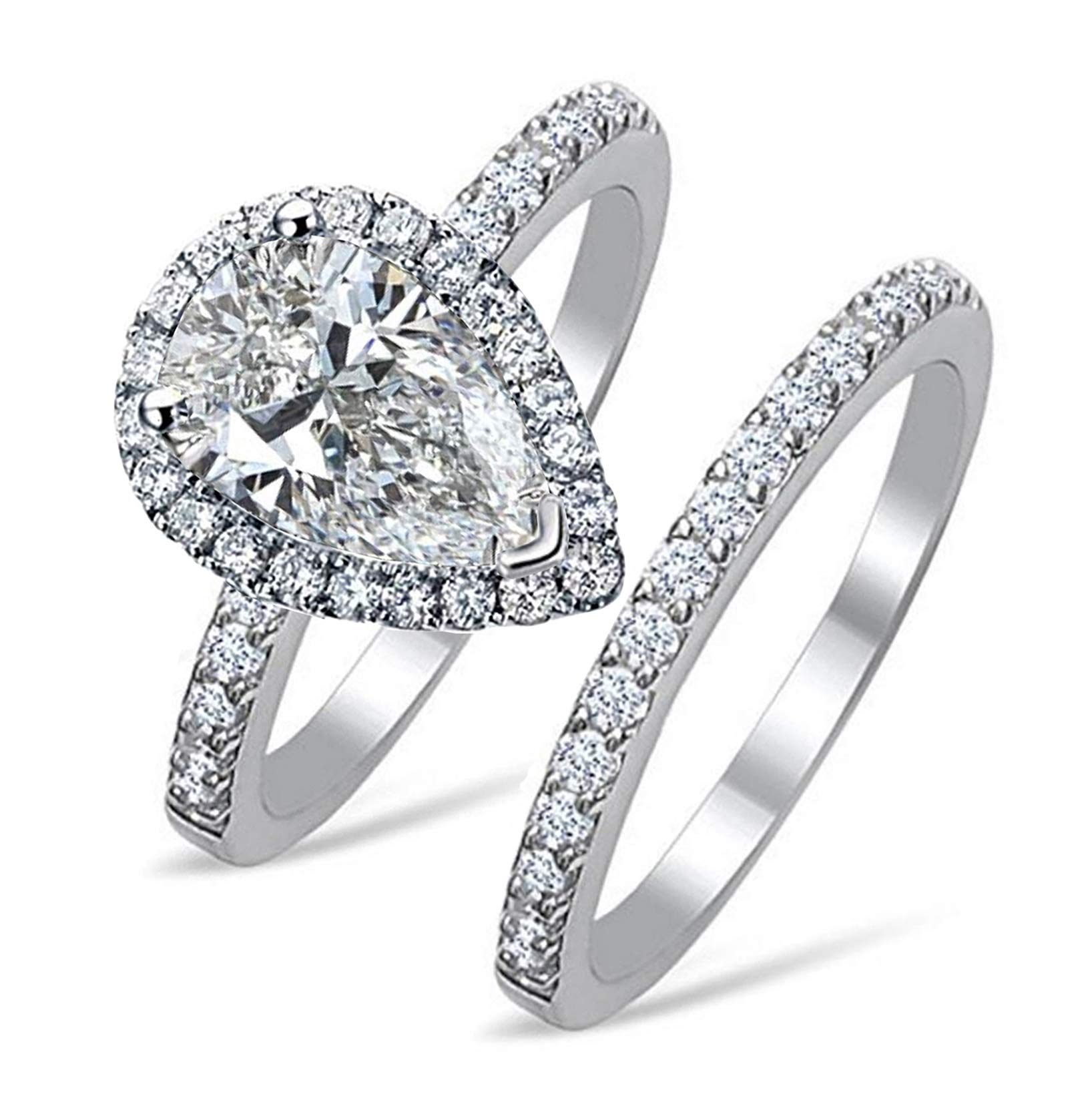 101 Facets realistic 2 carats pear shape simulated diamond ring band set 925 silver (9)