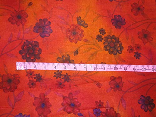 100% Silk Dupion Fabric Redish Orange with Black Floral Print 40" SLUBS DupPr41[1]