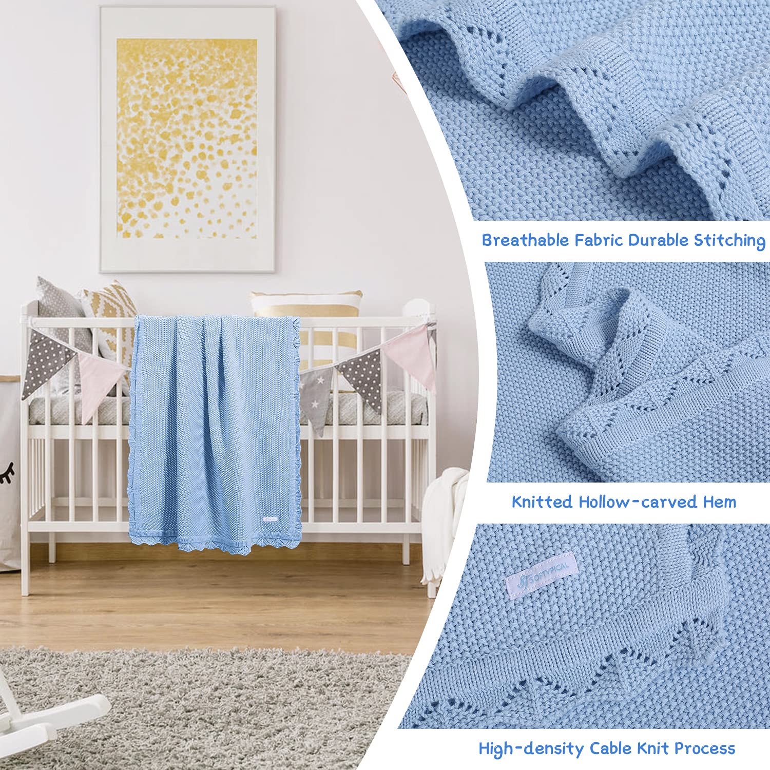 100% Cotton Baby Blanket Knit Lace Soft Warm Toddler Blanket, 30 x 40 Inches,Blue