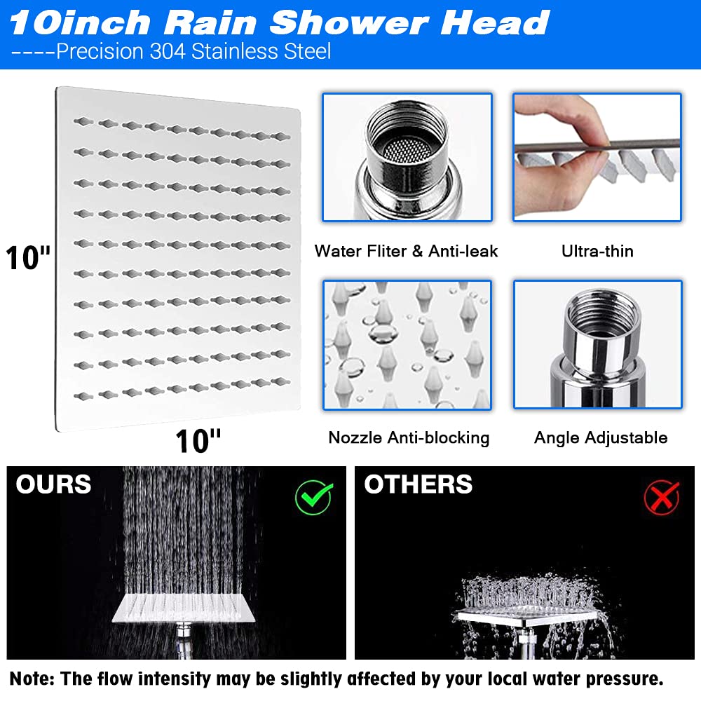 10" Rain Shower Head with Handheld Spray Combo High Pressure Rainfall Showerheads with 11" Extension Arm, Shower Filter for Hard Water & Chlorine + Hose & 4 Hooks, Square Dual Waterfall Shower Head