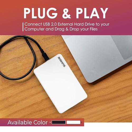SUHSAI Portable 1TB External Hard Drive, HDD Backup Storage with USB 2.0 Fast Data Transfer, Ultra Slim & Light Hard Disk 2.5β Compatible with PC, Mac, Window, Laptop, and Desktop (White)
