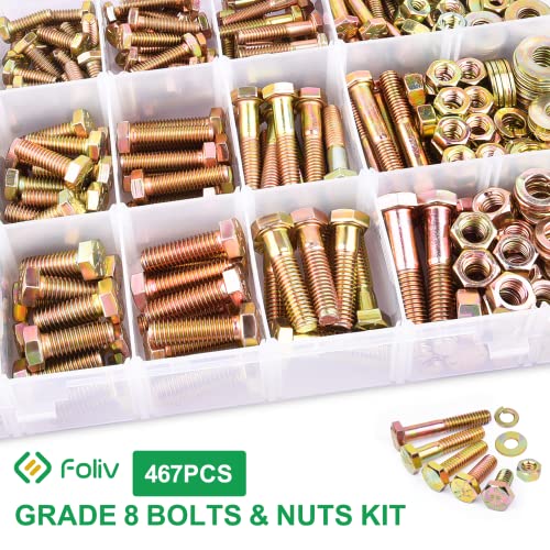 FOLIV 467Pcs Heavy Duty Bolt Nut Washer Assortment Kit - Flat Hex Screws Bolts Nuts Lock and Flat Gasket Washers Assortment Kit, Grade 8