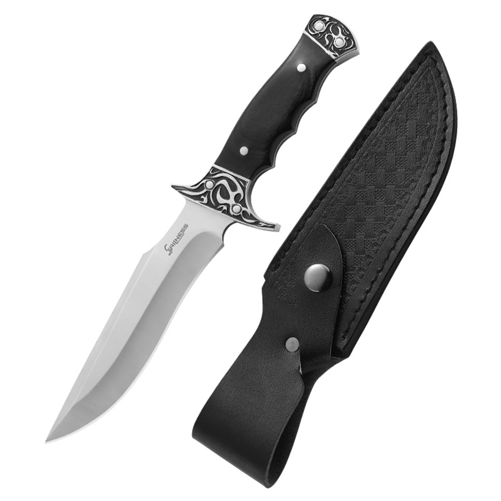 10MOONS 8.78-inch Bowie Knife Full-Tang Fixed Blade, Black-Colored Wood Handle Hunting Knife with Embossed Leather Sheath for Camping, Hiking, Survival