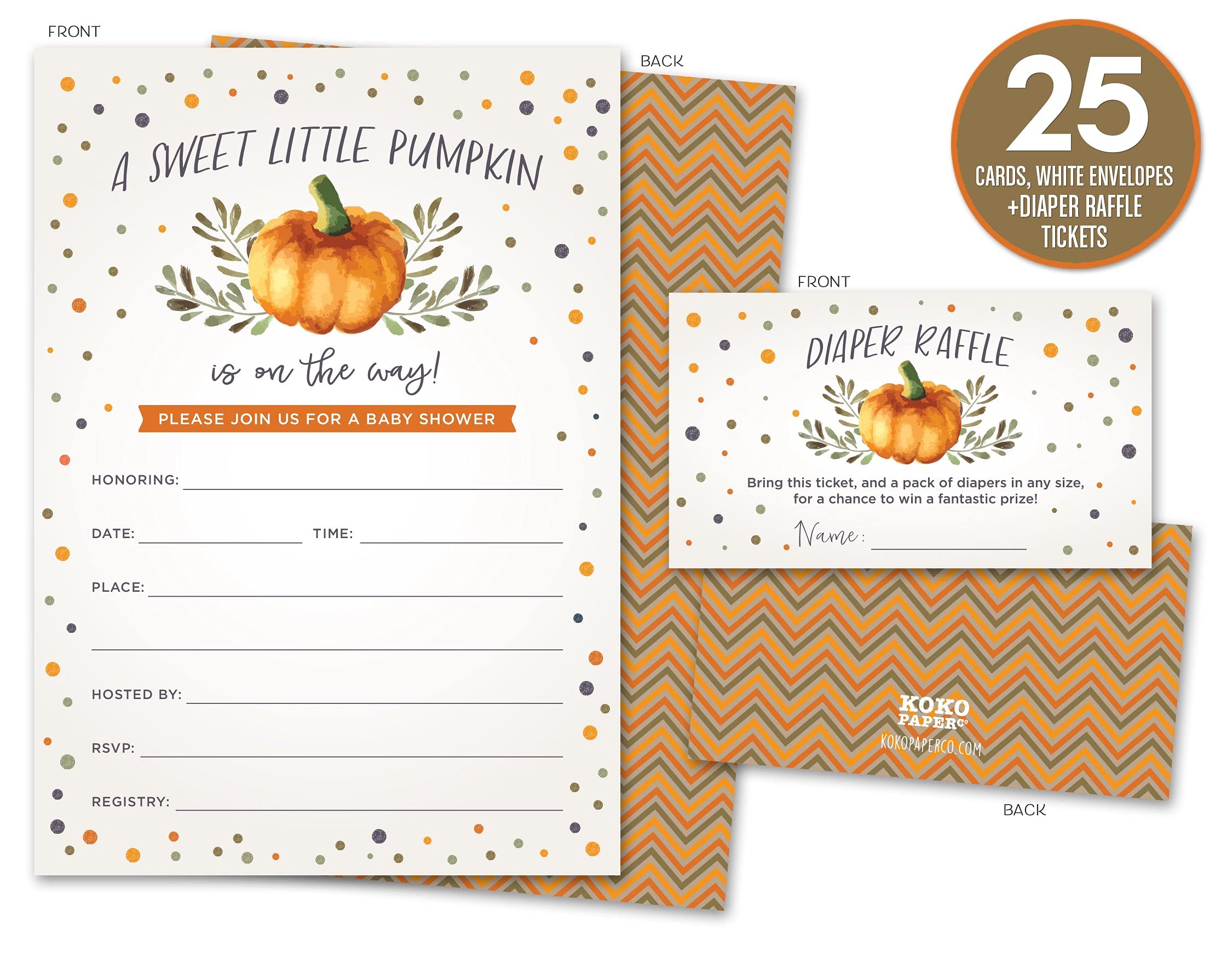 Koko Paper Co Little Pumpkin Baby Shower Invitations, Diaper Raffle Tickets and Matching Thank You Cards | 75 Sets | 125 Pcs Total