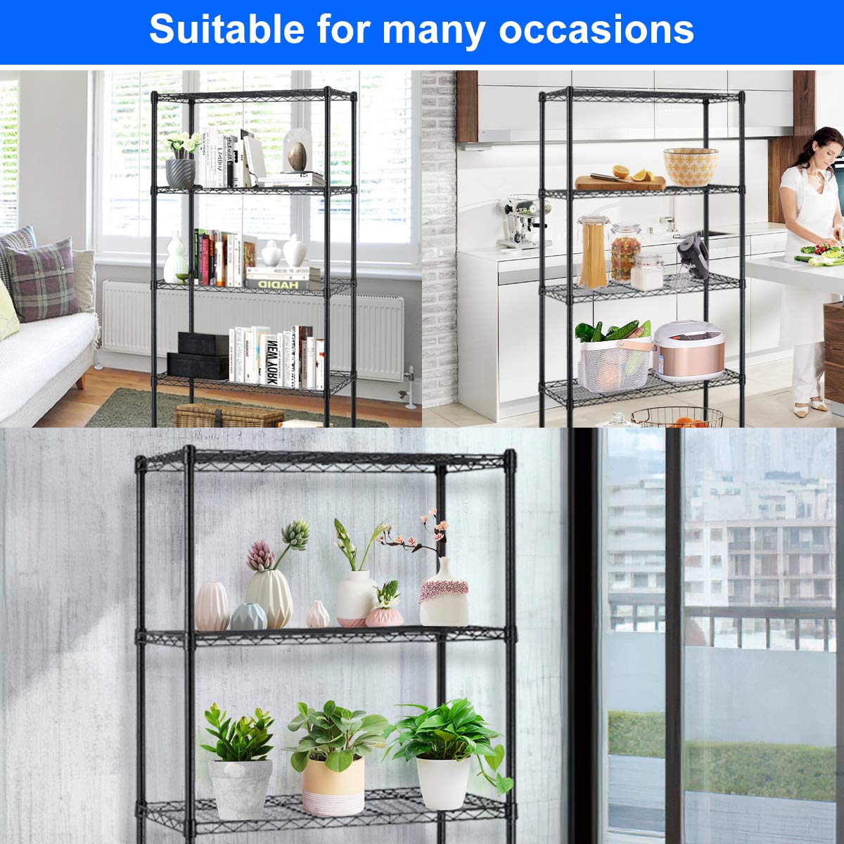 Storage Metal Shelf 5 Tier Wire Shelving Unit Standing Shelf Units Heavy Duty Garage Shelving with Feet Levelers 1250Lbs Capacity Adjustable Commercial Shelving Kitchen Rack, Black