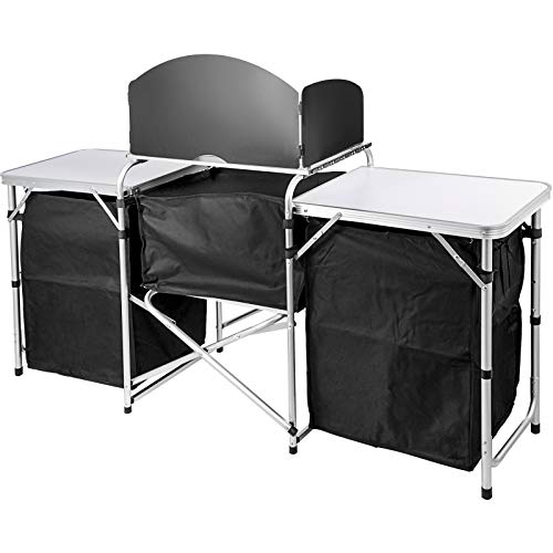 101010 Camping Kitchen Table with Windscreen and 3 Storage Organizer, Portable Aluminum Cook Station Lightweight Easy to Set-up, Outdoor Folding Table for Camping, BBQ and Party