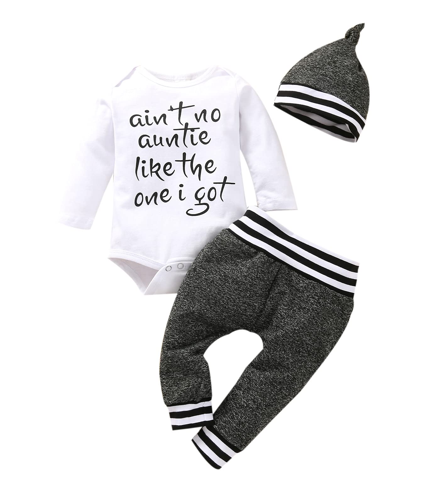 Aint No Auntie Like The One I Get Baby Boy Clothes Auntie Saying Letter Print Long Sleeve Romper Pants Hats (White, 3-6 Months)