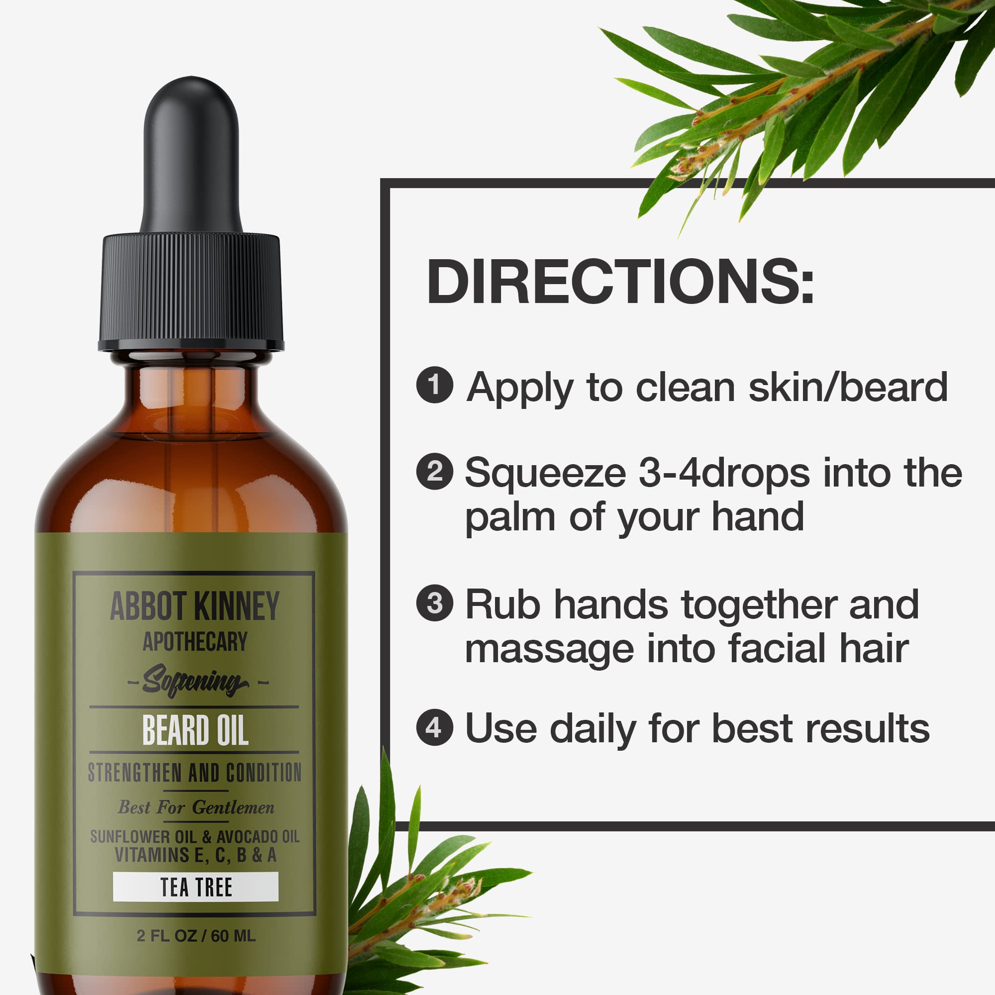 ABBOT KINNEY APOTHECARY Softening Beard Oil, Strengthens and Conditions Beards, Blend of Natural Oils, 2 oz (Tea Tree)