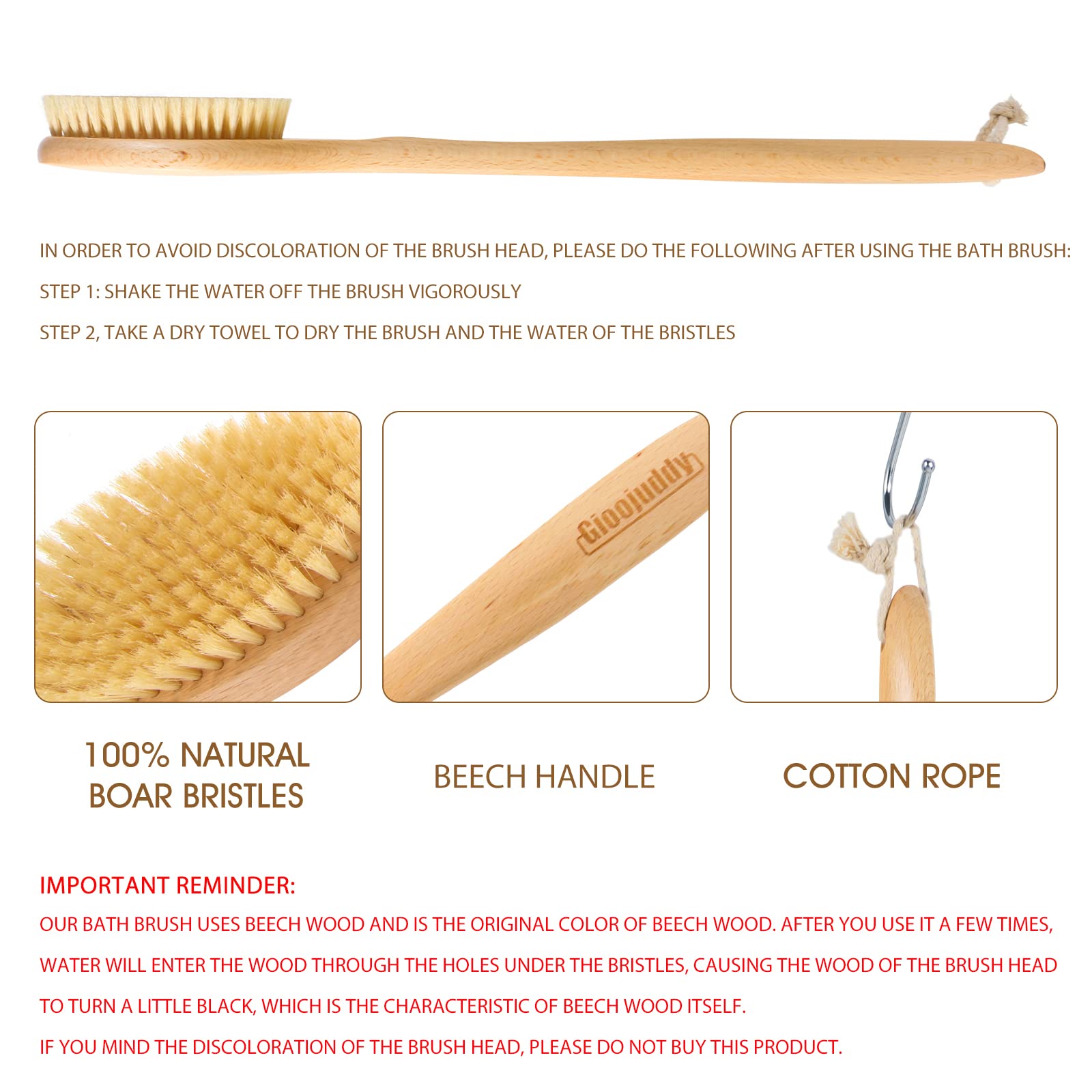 Bath Brush 19.7inch Long Handle Bristle Body Scrubber, Exfoliating Shower Brush Improve Skin's Health Beauty, Back Brush for Men& Women &Elderly