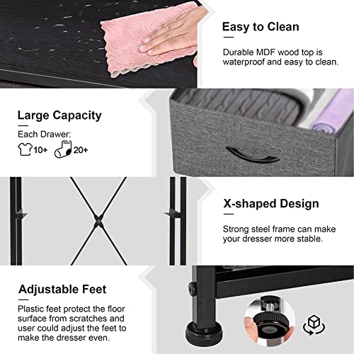 Crestlive Products Vertical Dresser Storage Tower - Sturdy Steel Frame, Wood Top, Easy Pull Fabric Bins, Wood Handles - Organizer Unit for Bedroom, Hallway, Entryway, Closets - 5 Drawers (Black&Gray)