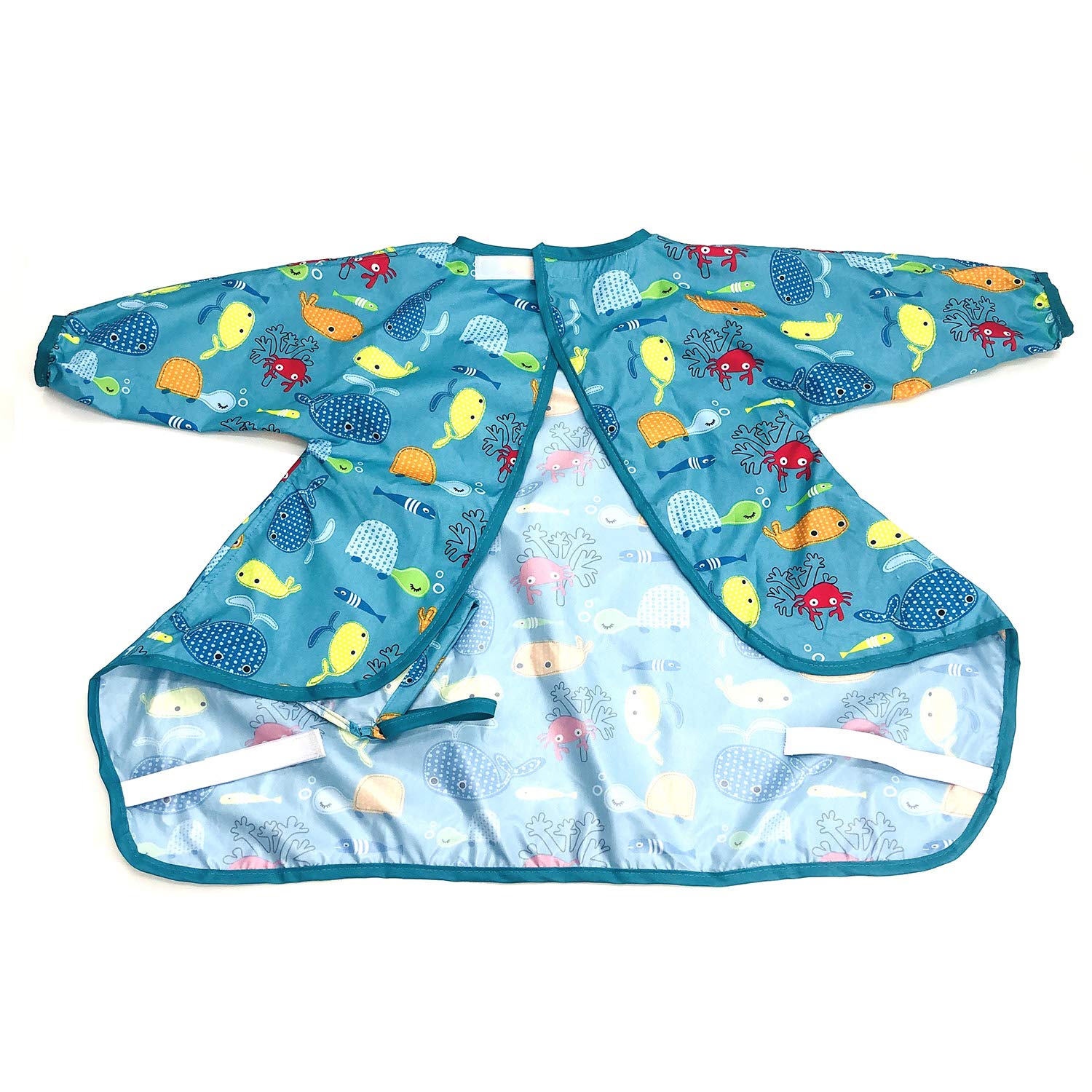 HIVVI Long Sleeve Baby Bib, Attaches to Highchair, Waterproof & Portable (Blue Seaworld)
