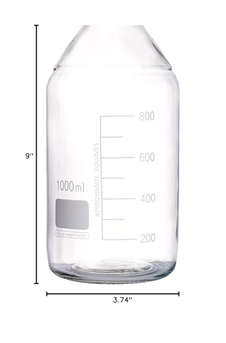 Pastein 4 Pieces 1000 mL Graduated Round Reagent Media/Storage Glass Bottle With GL45 Orange Polypropylene Screw Cap