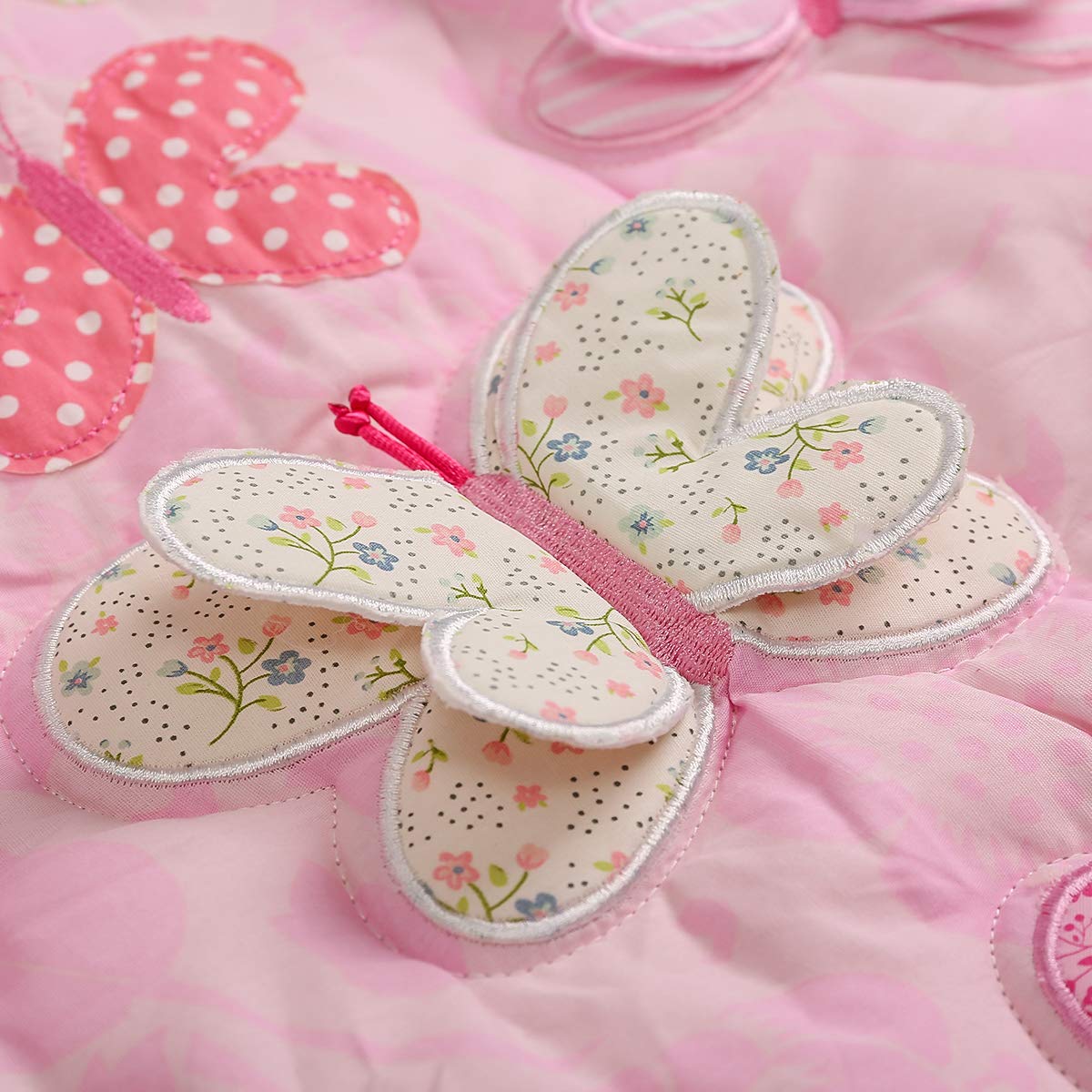 7 PCs Pink Embroidery Butterfly Nursery Crib Bedding Set 100% Cotton Baby Girl 3D Butterfly Themed Cot Bedding Set 1 Quilt, 1 Skirt, 1 Fitted Sheet, 1 Window Valance, 3 Butterfly Shaped Wall Decor