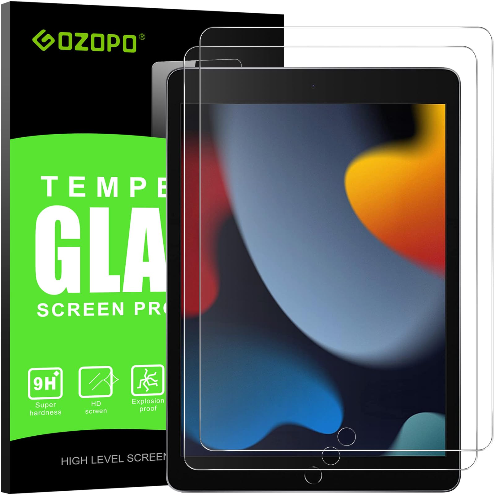 GOZOPO [2-Pack] Screen Protector for iPad 9th Generation, iPad 8th / 7th Generation, Tempered Glass Film for iPad 10.2 inch 2021/2020/2019 Release