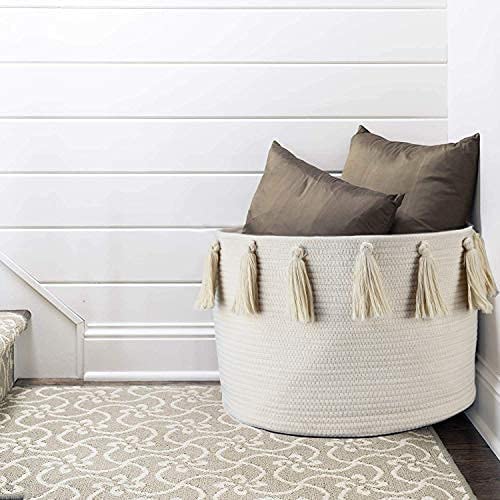 ABETREE Tassel Woven Storage Laundry Basket 17.7" x 11.8" with Handle Cotton Hamper Nursery Basket Blanket Baby Toy Storage Organizer