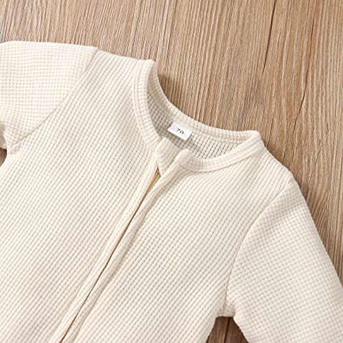 Newborn Baby Girl Ruffle Romper Knit Sweater Onesie Jumpsuit Long Sleeve Zipper Onesie Solid Fall Winter Outfits (A Waffle Knit Apricot,0-3 Months)