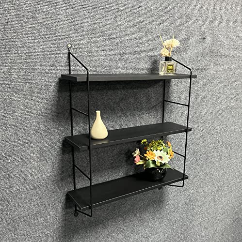 Abrihome® Hanging Wall Wood Shelf, 3 Tier Floating Wall Shelves with Metal Bracket Storage Plant Shelves Decor for Kitchen Bathroom Living Room Bedroom Office(Black)