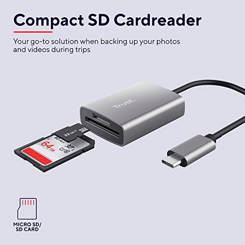 Trust Dalyx Fast USB Cardreader, Fast USB 3.2 Gen 1 with USB-C Connector, 104 MB/s with Compatible UHS-I Cards, (Micro) SD, SDHC and SDXC up to 2 TB, MacBook, PC, Laptop, Chromebook