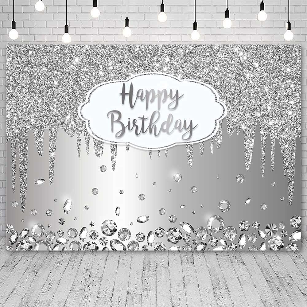 ABLIN 7x5ft Happy Birthday Backdrop Dripping Glitter Crystal Diamond Silver Photo Background Girls Women Bday Party Decorations Cake Table Banner Wall Decor Props