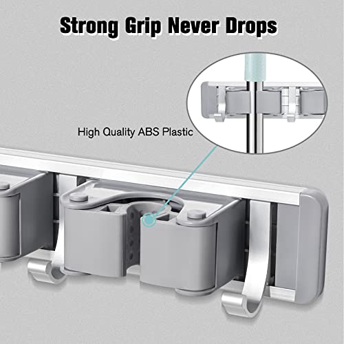 2 Pack Mop Broom Holder Wall Mount, Garden Tool Storage Organizer, Wall Hanger Hooks Rack for Home, Metal Aluminum Garage Laundry Room Organization and Storage, Silver (4 Slots&5 Hooks)