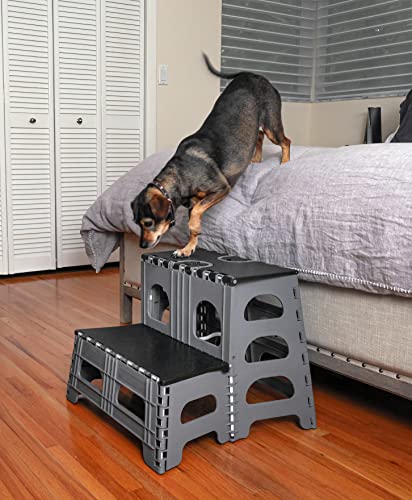 Bee Neat 2 Step Folding Step Stool for Pets and Dogs - Indoor Outdoor Foldable Pet Stairs Ideal for High Bed, Car, SUV & More β Collapsible Step Stool Ladder Supports 200lbs - Gray