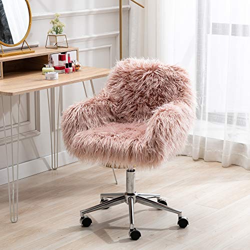 SSLine Desk Chair Faux Fur Task Chair,Modern Cute Accent Armchair Office Chair,Comfy Fuzzy Swivel Makeup Stool Desk Chair with Wheels for Living Room/Bedroom/Dressing Room,Pink