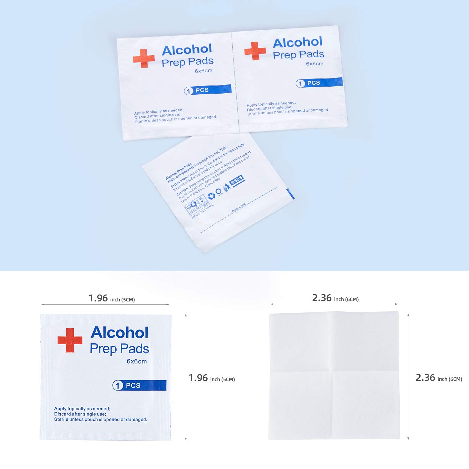 Alcohol Prep Pads, 75% Alcohol Cotton Slices, 100 Pcs Alcohol Gauze Pads Individually Wrapped Swap Pad Wet Wipe, 6 x 6cm/2.36in x 2.36in