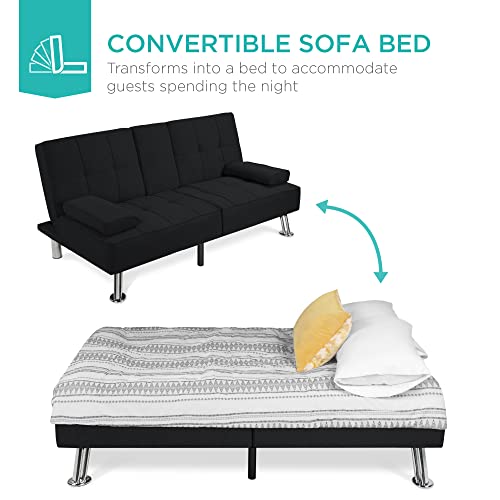 Best Choice Products Linen Upholstered Modern Convertible Folding Futon Sofa Bed for Compact Living Space, Apartment, Dorm, Bonus Room w/Removable Armrests, Metal Legs, 2 Cupholders - Black