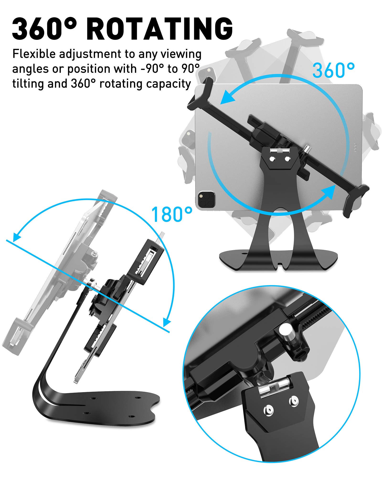 AboveTEK Anti-Theft iPad Stand, Universal Security POS Tablet Stand, Diagonally-Oriented iPad Locking Mount for 7-13 inch iPad, Galaxy with Security Cord and Key, 360° Swivel for Business and Retail