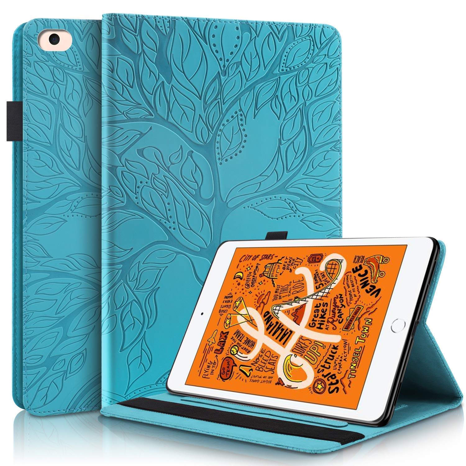 Pefcase iPad Mini 5 Case, iPad Mini 1/2/3/4/5th Generation Cover, Multi-Angle Viewing Folio Smart PU Leather Cover with Auto Sleep/Wake for Apple iPad Mini 7.9 inch Life Tree - Turquoise