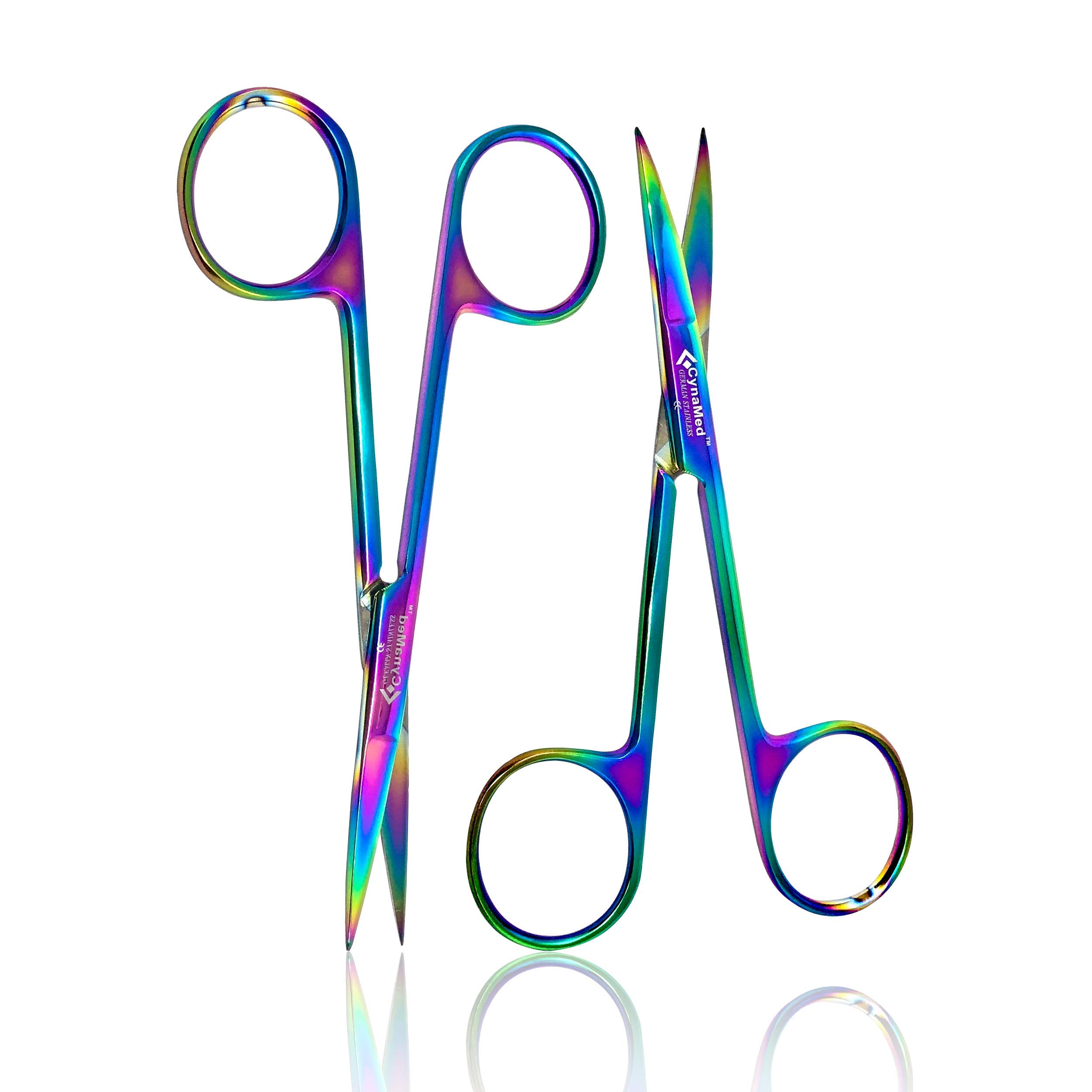 Cynamed Set of 2 Iris Micro Dissecting Scissors with Multicolor/Rainbow Titanium Coating Premium Quality Instrument - Perfect for Fine Precision Tissue Dissection Suture Removal (Straight and Curved)